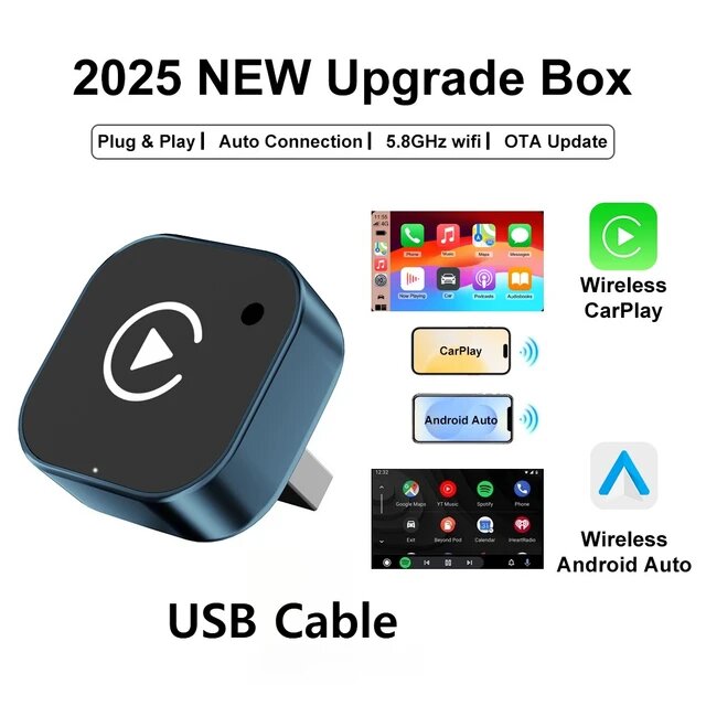 Беспроводной адаптер CarPlay 2-в-1, проводной и беспроводной, совместим с телефонами Apple и Android, работает по принципу «подключи и работай», универсальный автомобильный аксессуар.