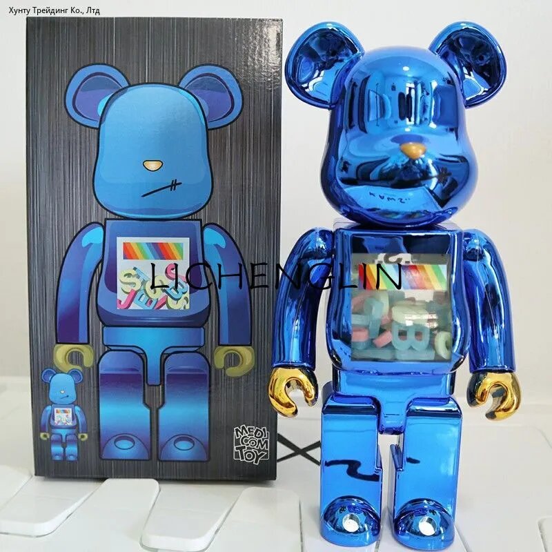 Фигурка Bearbrick декоративная, синего цвета, высота 28 см, коллекционная