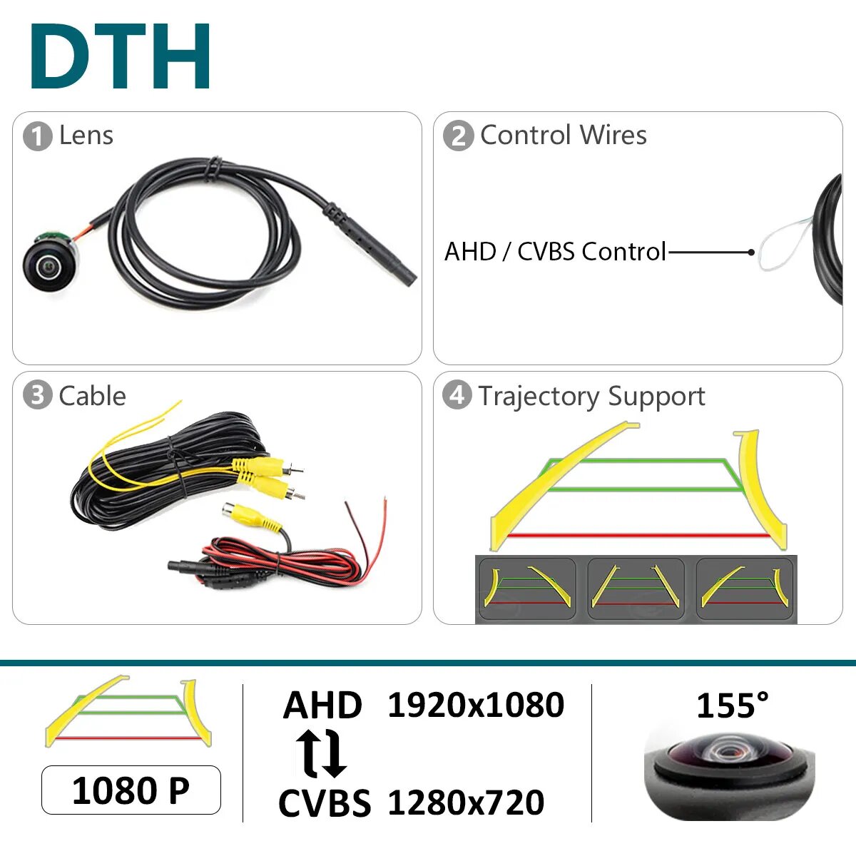 360 ° Регулируемая автомобильная камера заднего вида AHD1080P, DTH, White