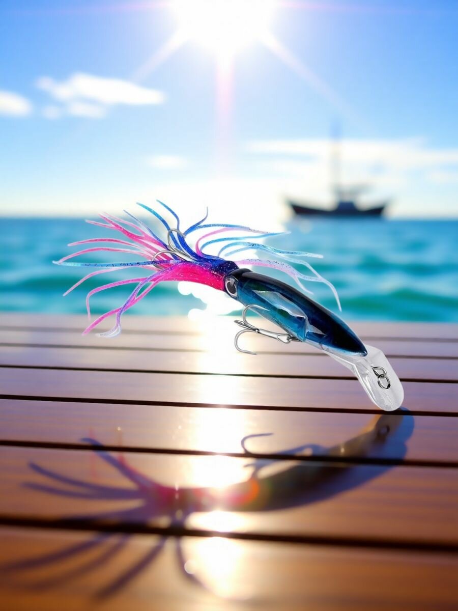 Воблер Кальмар синий 23.5 см 40 г, прозрачные щупальца с синими и розовыми вкраплениями, 1 шт.