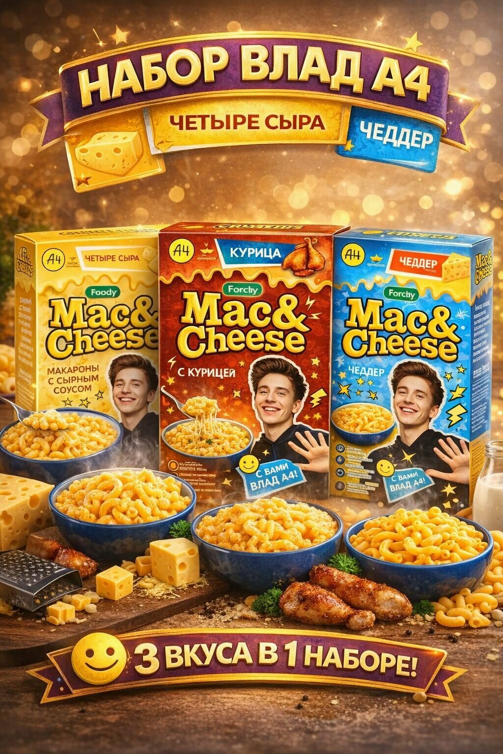 Набор 3 вкуса макарон Влад А4 Mac&Cheese по 143 гр