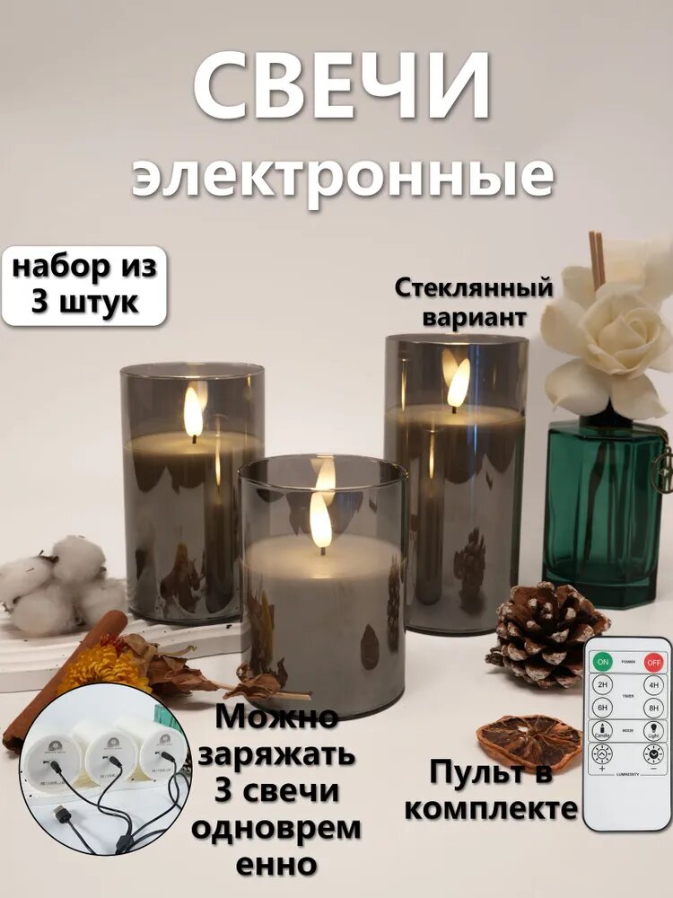 Свечи электронные, набор 3 шт, стеклянные, 18 см, с пультом, для декора