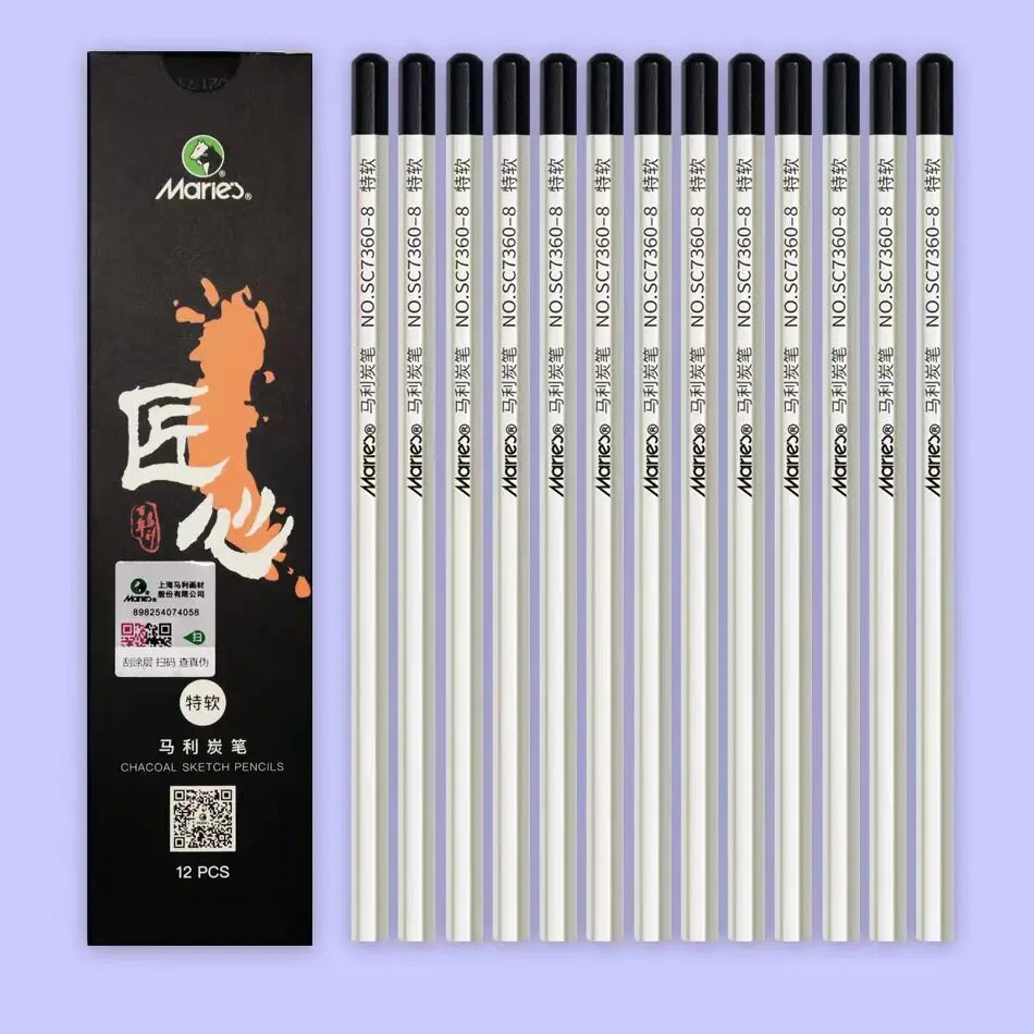 Угольные карандаши Marie's, 6/12 шт. Белый, SC7360-SuperSoft-12