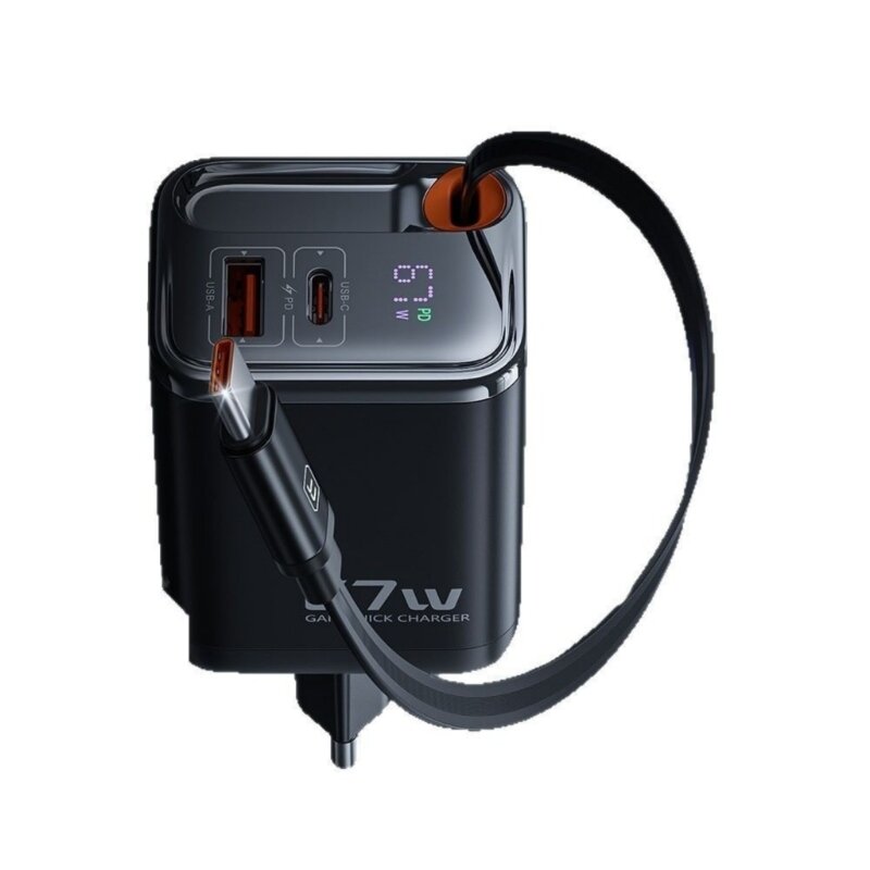 Док-Станция Для Быстрой Зарядки 67 Вт USB C С Выдвижным Кабелем Светодиодный Дисплей 3 Порта Для Ноутбука, Телефона, Планшета, Электроники Универсального Использования