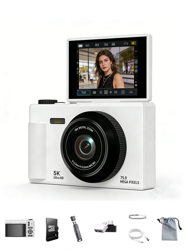 5K Ultra HD Цифровая камера 75 МП 18X зум с поворотным экраном и макро – для Vlog