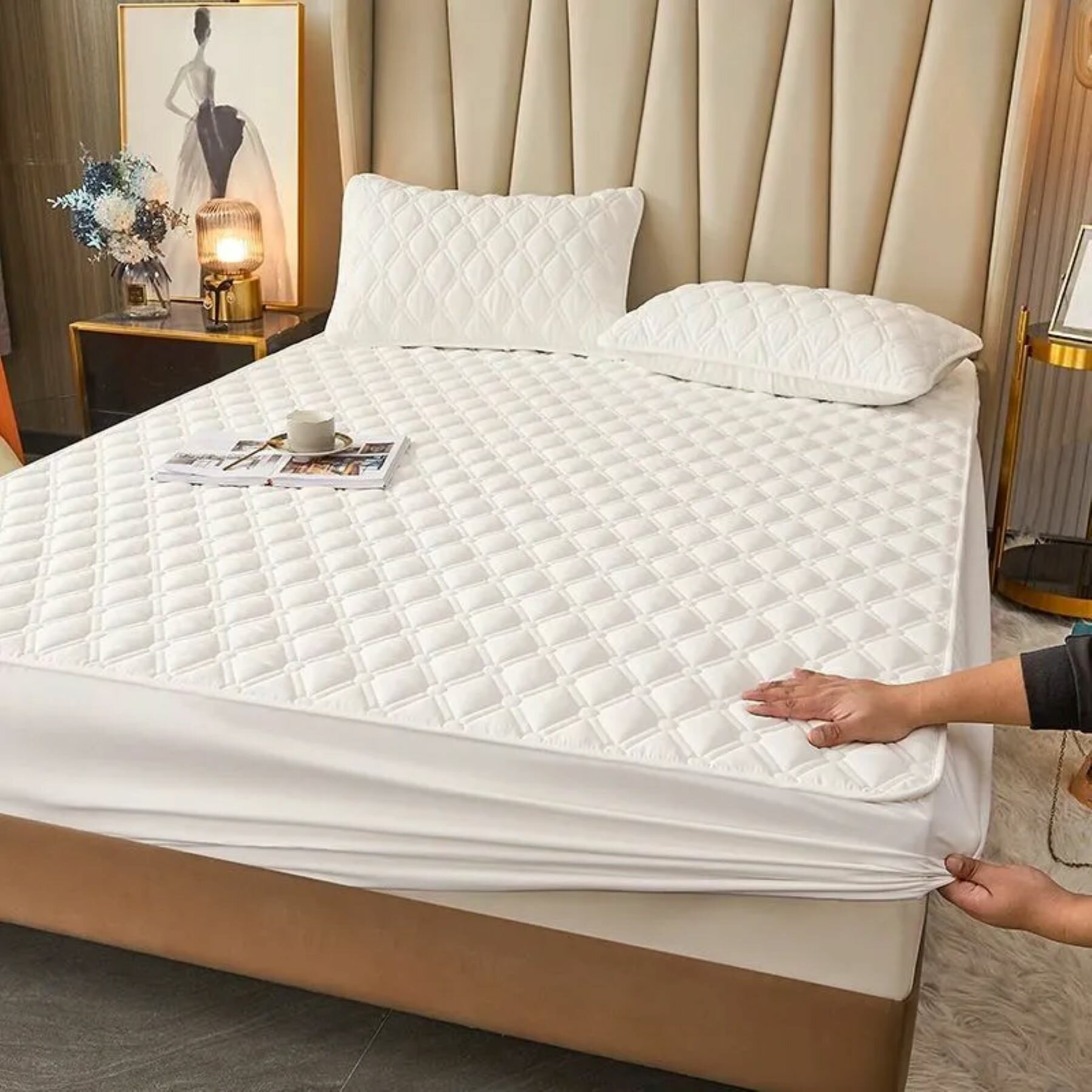 Наматрасник 140х200 + 30 см , наматрасник "Mency" стеганный с бортом , на резинке по кругу, без наволочек, белый