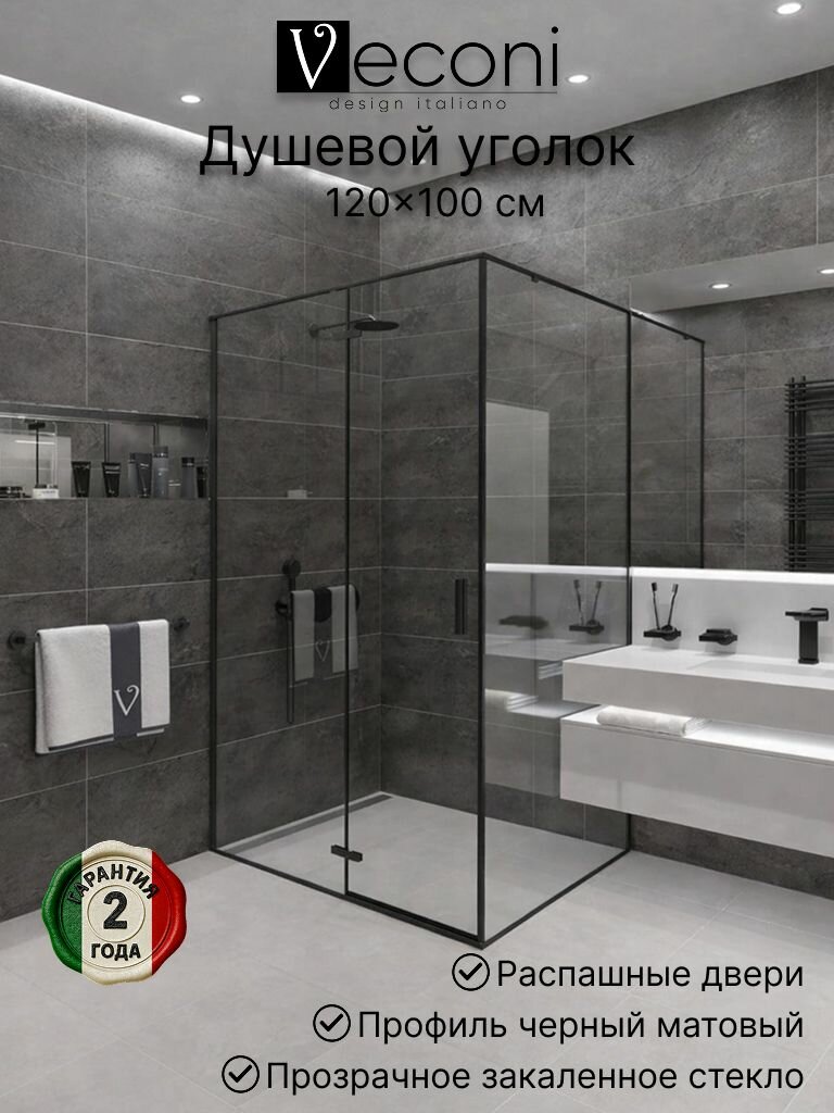 Душевой уголок Veconi Rovigo RV-073B, 120х100 стекло прозрачное, профиль черный матовый RV073B-120100-01-C4