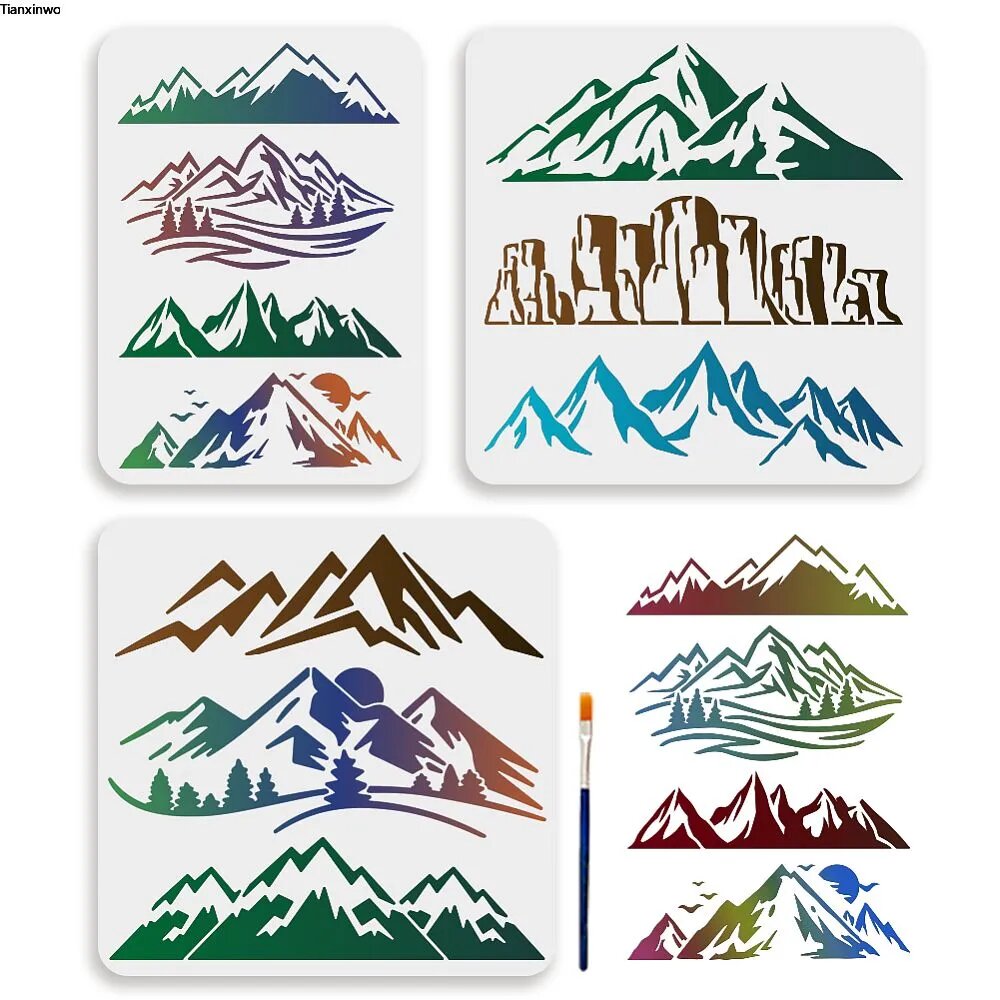 1 пакетик трафаретов с изображением гор, дерева, гор и кисти для рисования, природы, птиц, заката, горного шаблона