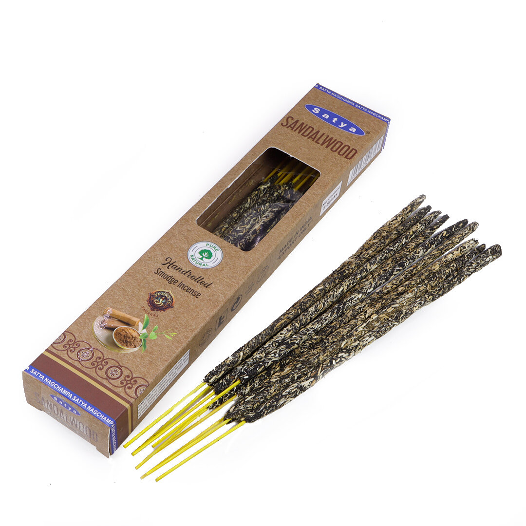 SANDALWOOD Handrolled Smudge Incense, Satya (сандаловое дерево благовония ручной скрутки, Сатья), 9 палочек.