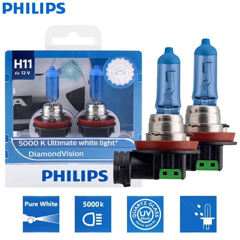 Галогенные лампы Philips H11 12V 55W Diamond Vision 5000K Super White Light для автомобильных фар и противотуманных фар, 12362DVS2, пара