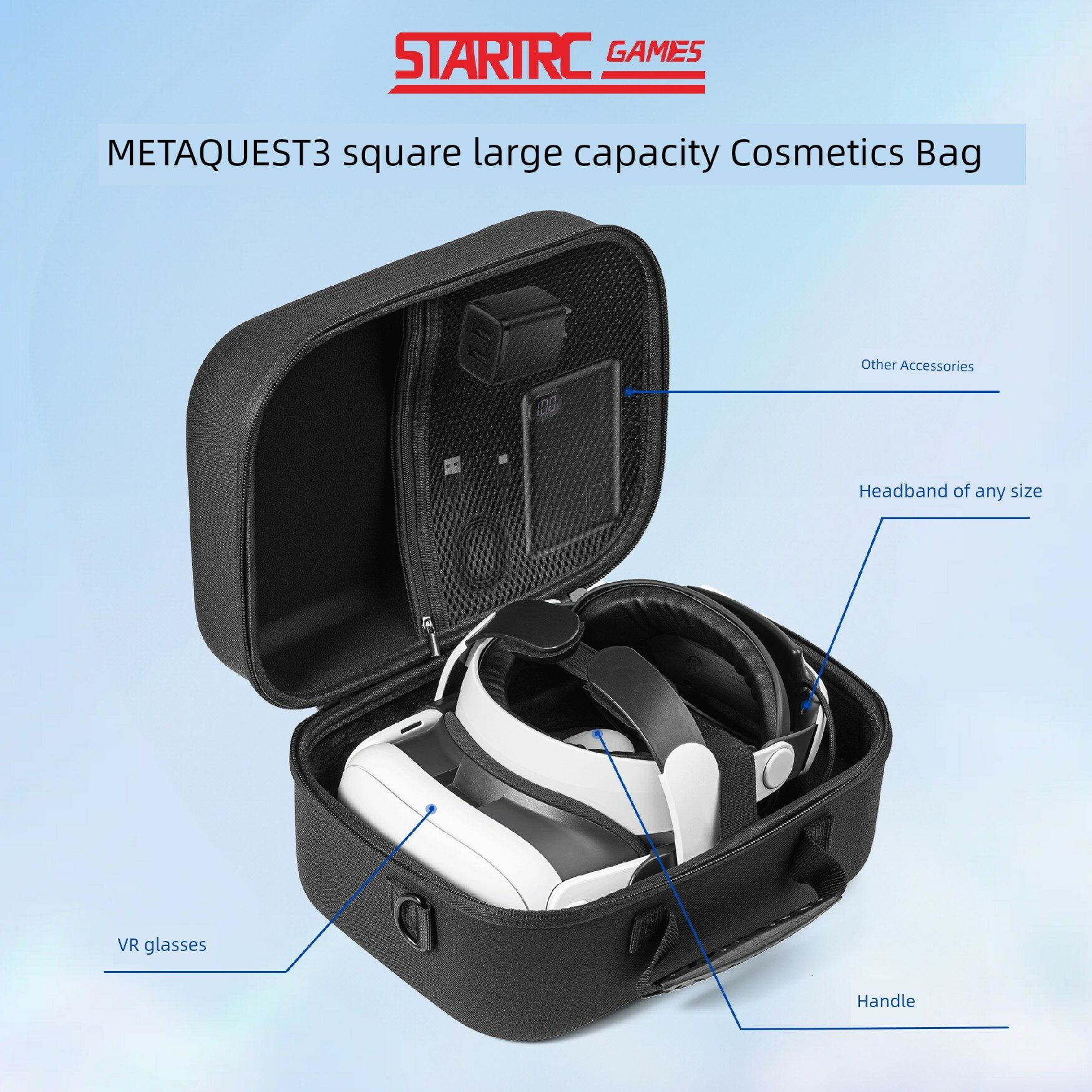 Защитный портативный чехол для VR-гарнитуры Meta Quest 3 и Quest 3S, большой размер, подходит для всех ремней, черный