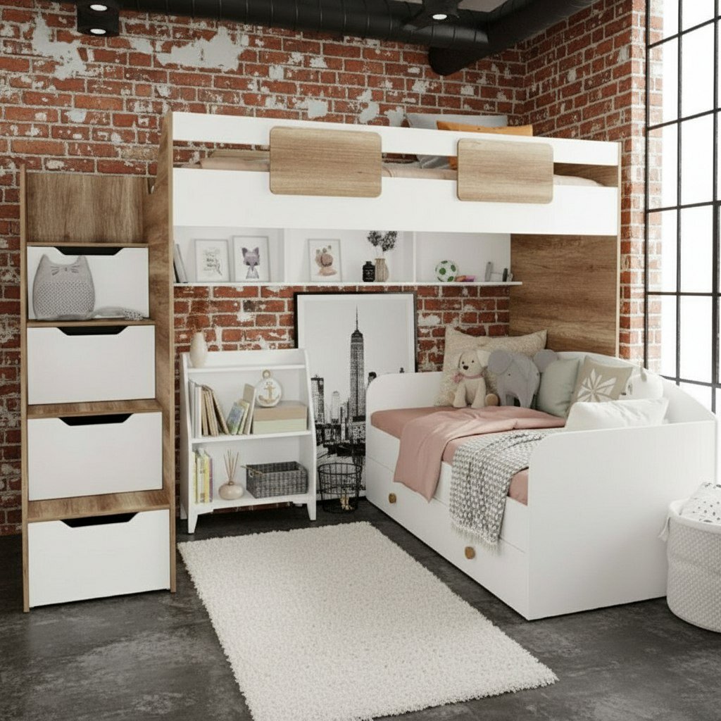 Комплект мебели: кровать-чердак Лайт Лофт + кровать Умка + стеллаж