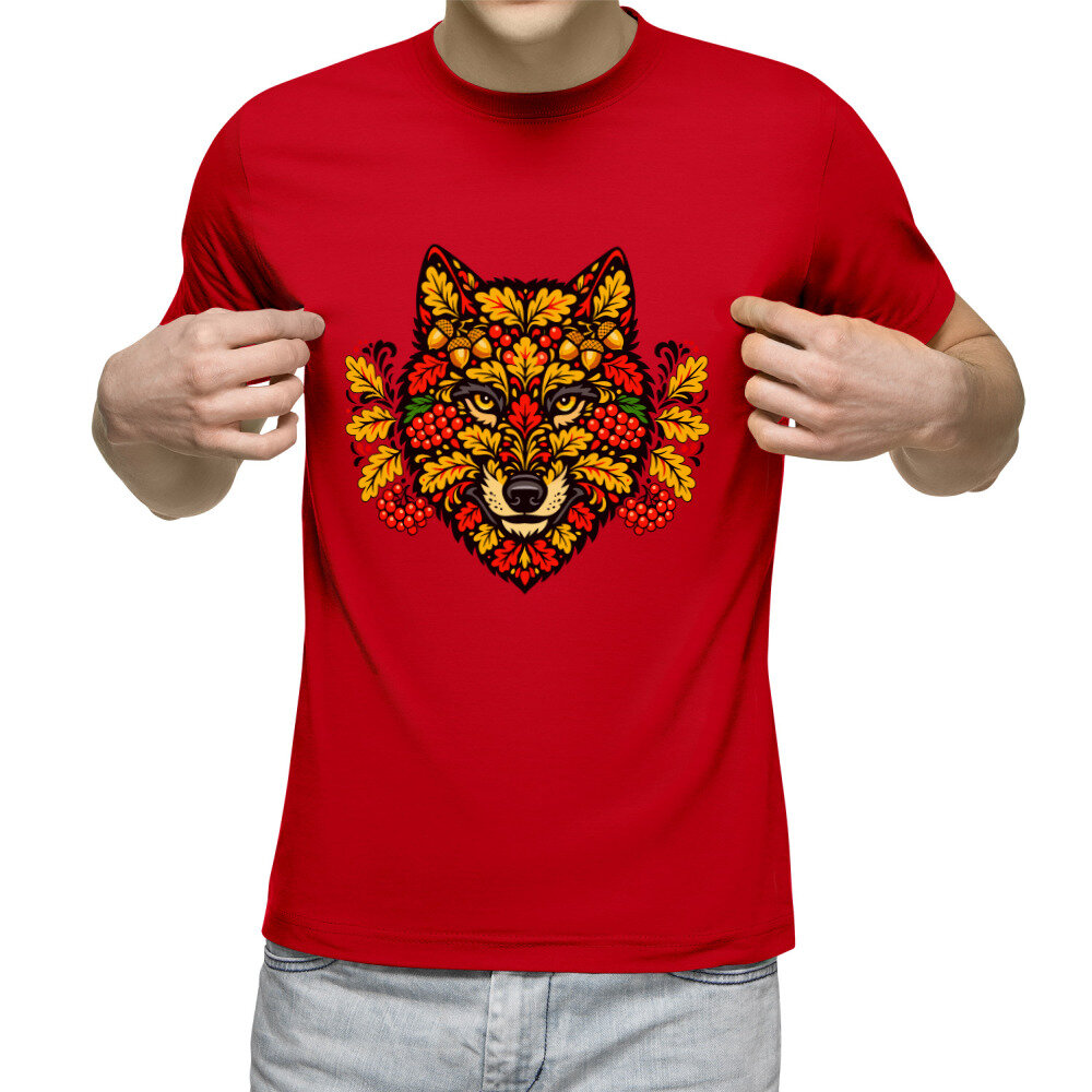 Мужская футболка «Русская хохлома: узор-Волк дух леса (оберег)» (красный, L)