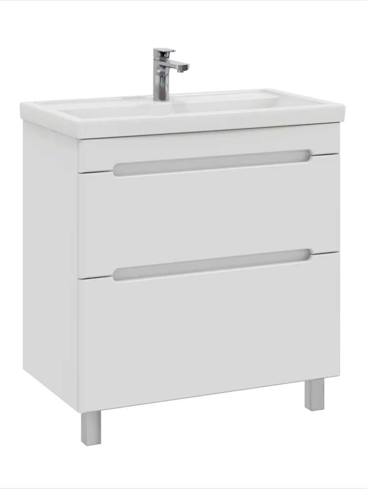 Тумба с раковиной SanStar Адель 70 напольная, 71 см, белая, глянцевая, из МДФ, с ящиками, раковина для ванной фарфоровая, прямоугольная, встроенный слив-перелив