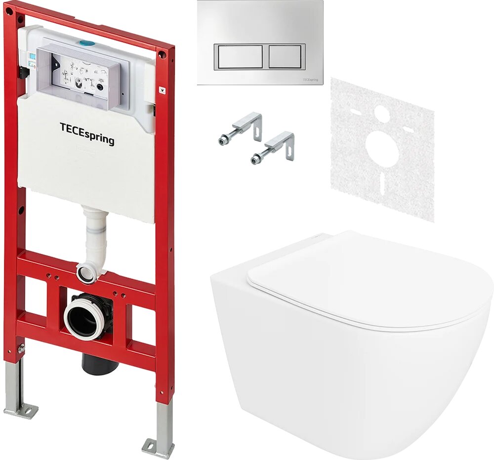 Комплект 5 в 1 Унитаз подвесной STWORKI Готланд S13401WH / Инсталляция с кнопкой TECE TECEspring S401201 / Крышка-сиденье, Комплект шумоизоляции