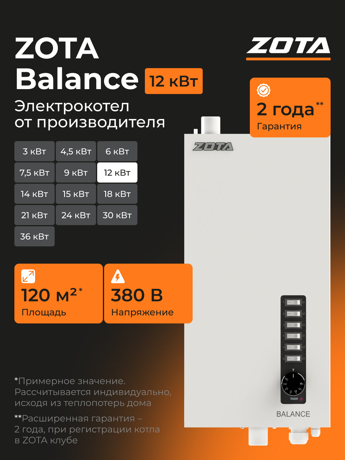 Котел электрический отопления ZOTA Balance V2 12 кВт (до 120 м2) Настенный, одноконтурный электрокотел отопления ZB3468421012