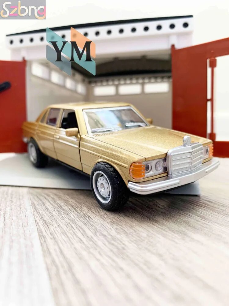 Гараж + Mercedes -Benz W116 (седан, 12 см, металл, инерция, открытые 2 двери) - золото