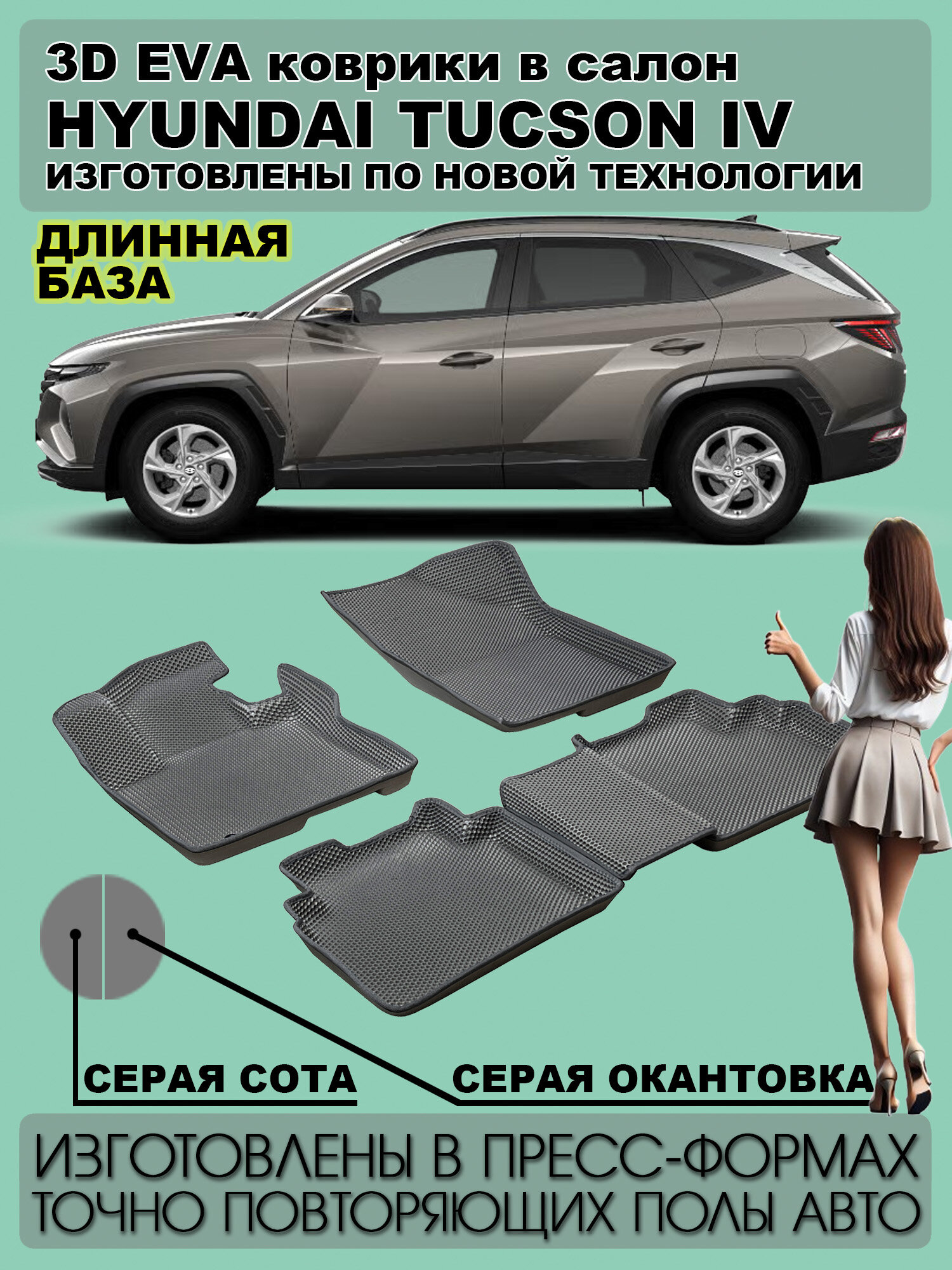 EVA коврики Hyundai Tucson IV (длинная база) пресс борта с 2020 г. в. Серая сота c серой окантовкой. Коврики в салон автомобиля Хёндэ Туссан 4