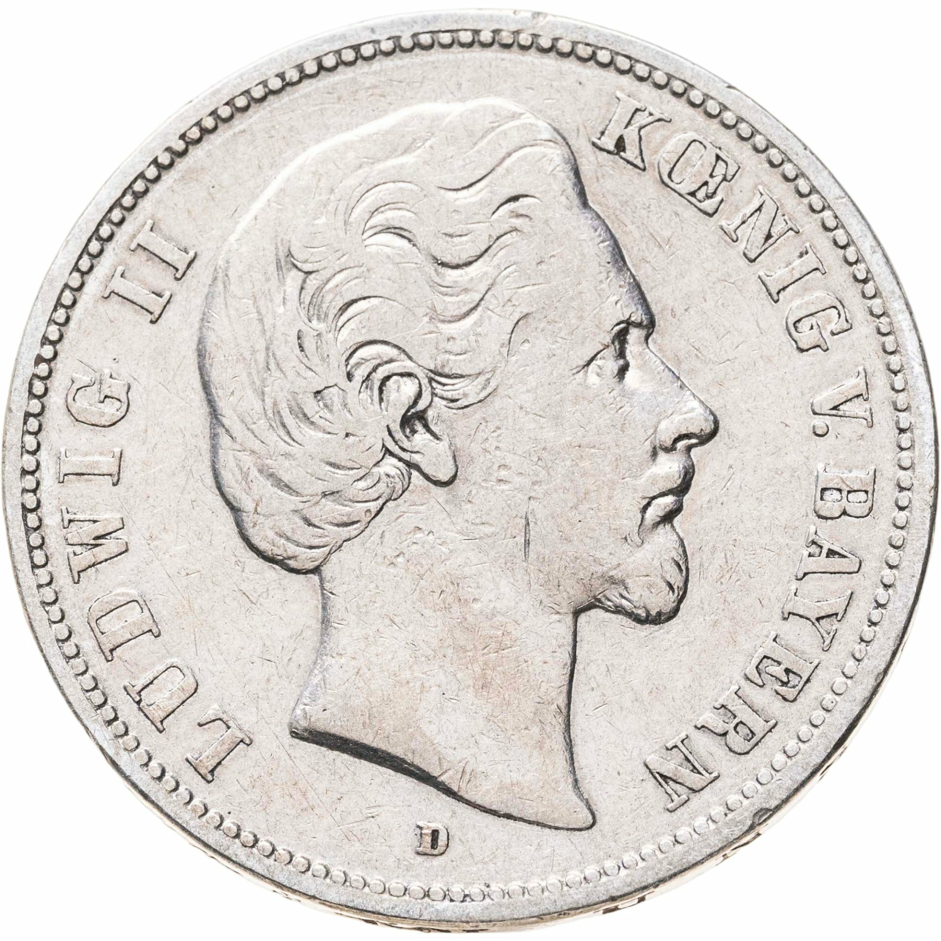 Германская Империя, Бавария 5 марок mark 1874 D, Серебро 900, в сохранности VF