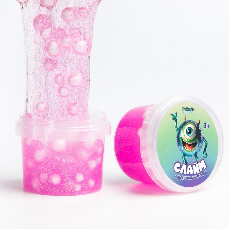 Жвачка д/рук Слайм Стекло 90г с малиновыми блестками с шариками