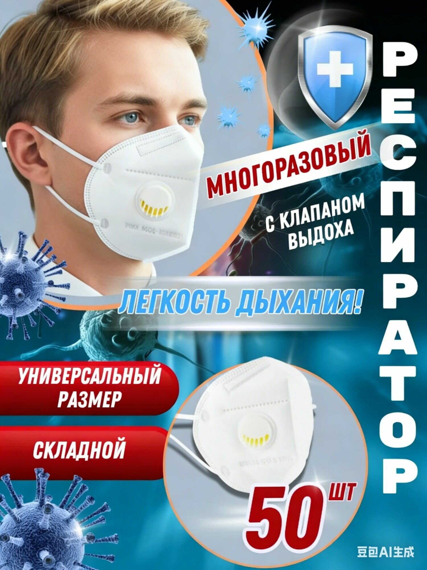 Маска респираторная, фильтрующая, многоразовая, FFP2, KN95, 50 штук