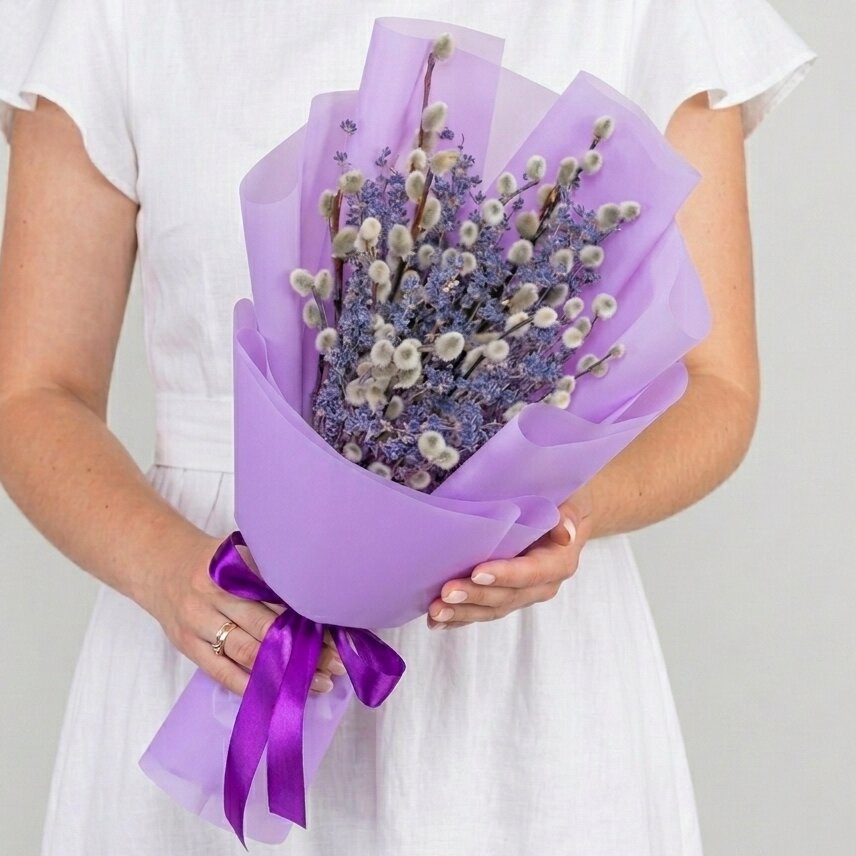 Дуо-букет Мегацвет24 "Верба и Лаванда" сухоцвет в дизайнерской упаковке