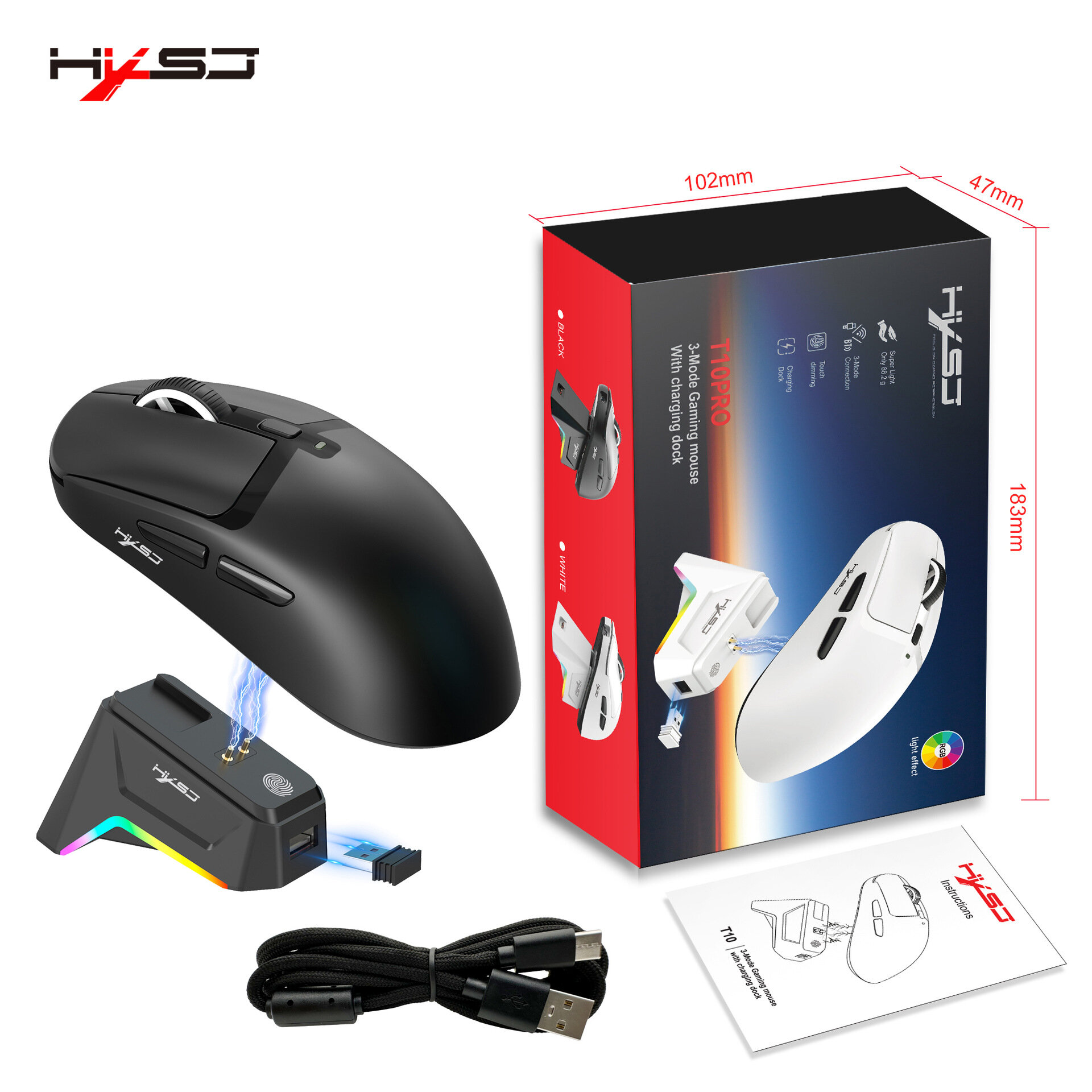 Легкий беспроводной мышь с 3 режимами, RGB-подсветкой, зарядной базой, 12000 DPI, 1KHz, поддержка макросов - черный
