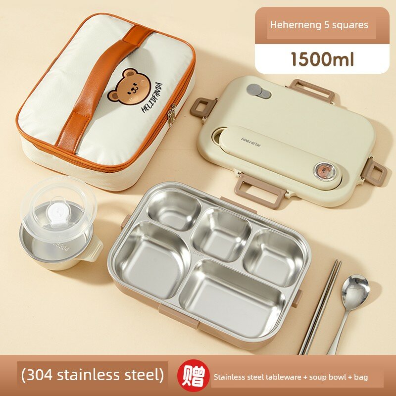 304 нержавеющая сталь 5-отсековый изолированный обеденный контейнер с термобоксом, 1500 мл, дизайн Huh Bear