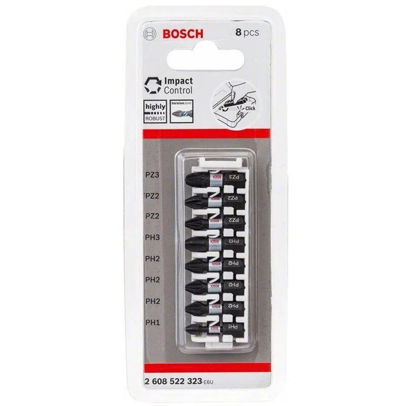 Набор бит Bosch Impact Control 8 шт. для шуруповерта, PH1, PH2, PH3, PZ2, PZ3, 25 мм — фото 1
