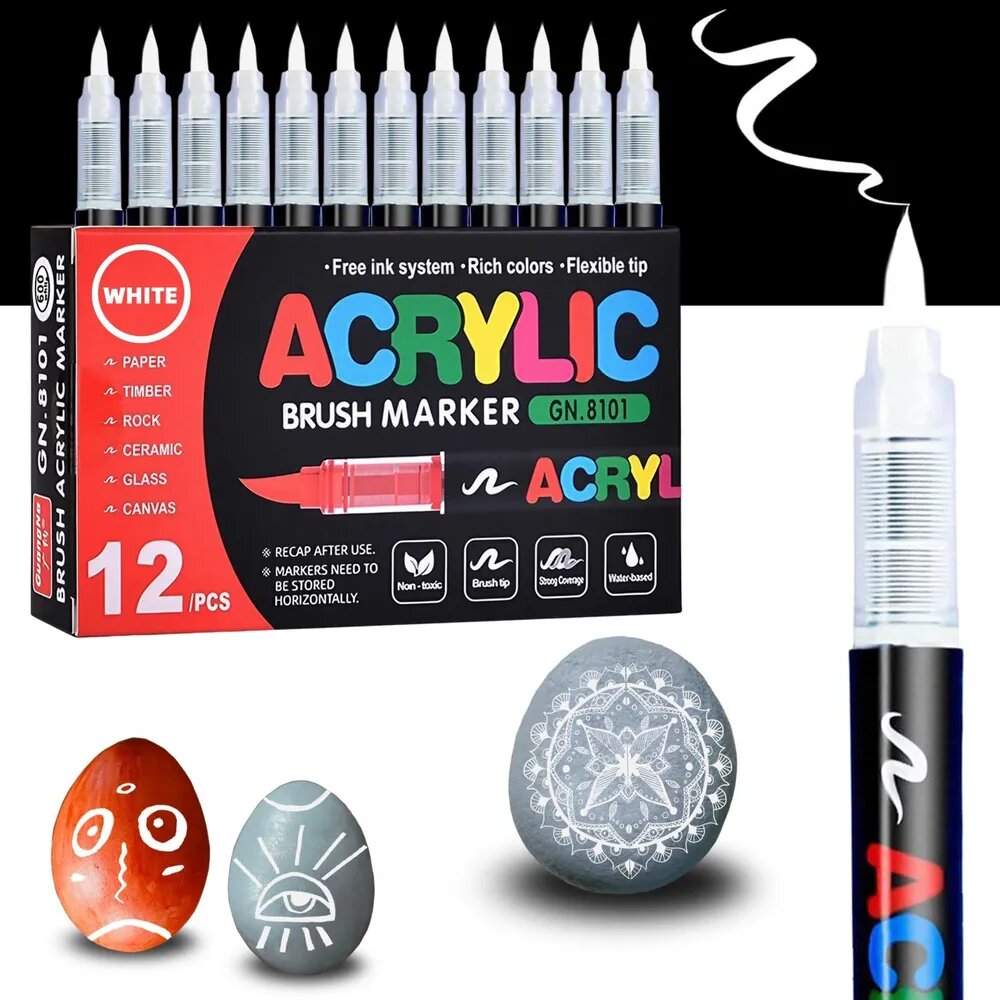 Черные акриловые маркеры с мягкой кистью, водонепроницаемые художественные маркеры в наборе из 12 штук для дерева, металла, керамики, ткани, камня, яиц, росписи на камнях и ручного творчества