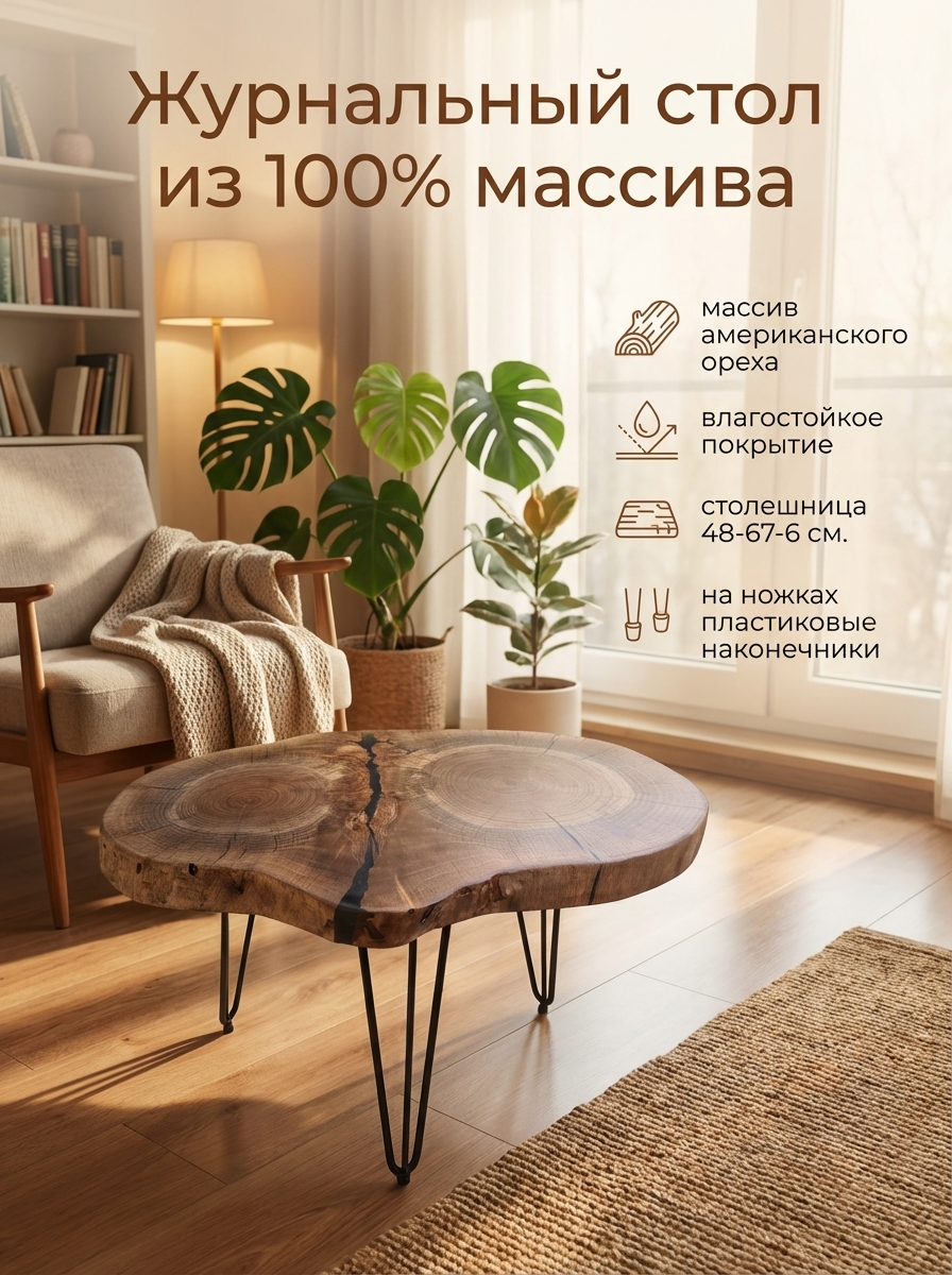 Журнальный столик Vamstol 48-67-51 см. стол лофт из массива ореха, стол из эпоксидной смолы