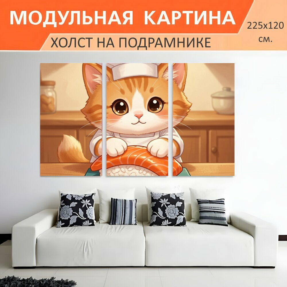 Модульная картина на холсте "Котенок шеф-повар с суши. Милый рыжий котенок в белом колпаке готовит ролл с лососем на кухне. Теплые." триптих на подрамнике 225х120 см. для интерьера