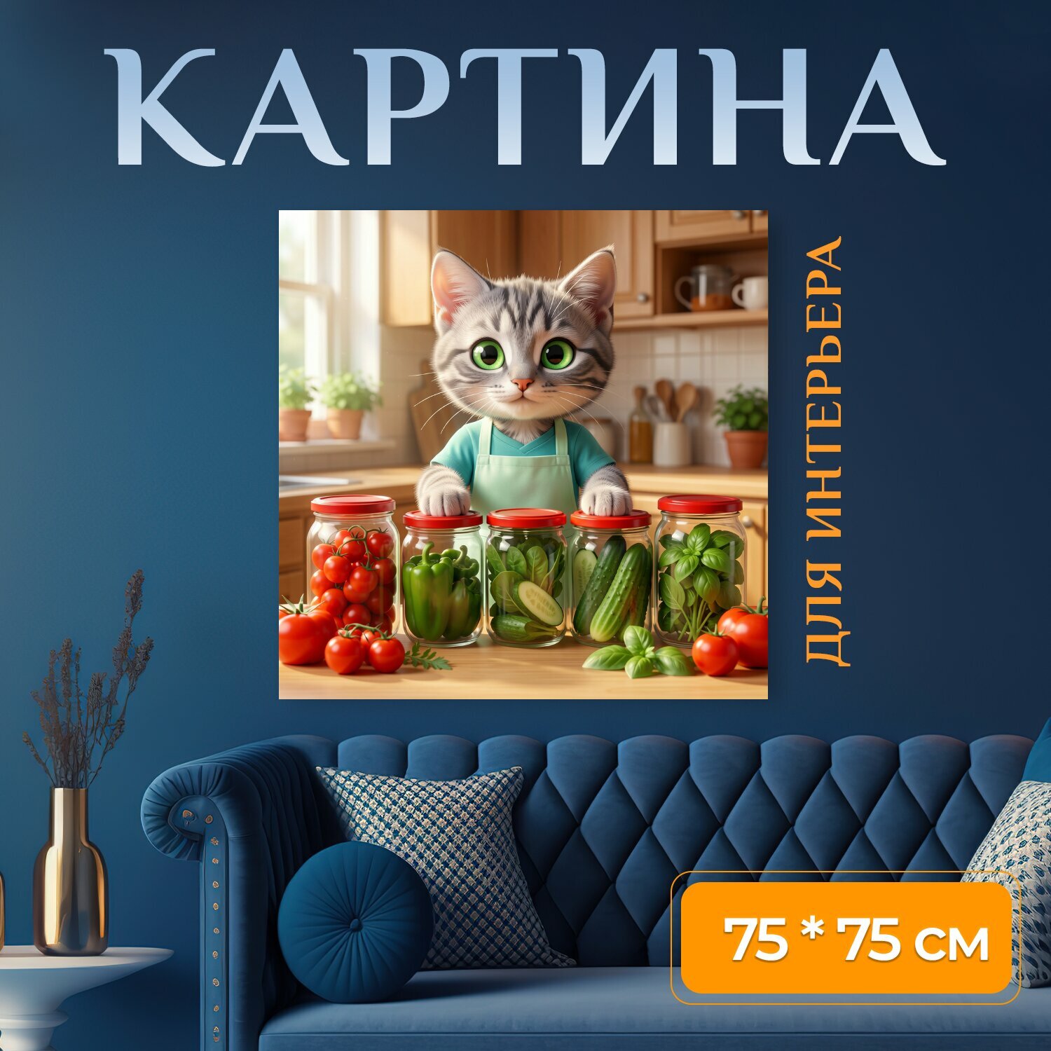Картина на холсте "Кот на кухне с овощами. Милый мультяшный котенок в фартуке стоит на светлой кухне среди банок с томатами, перцем, огурцами и." на подрамнике 75х75 см. для интерьера