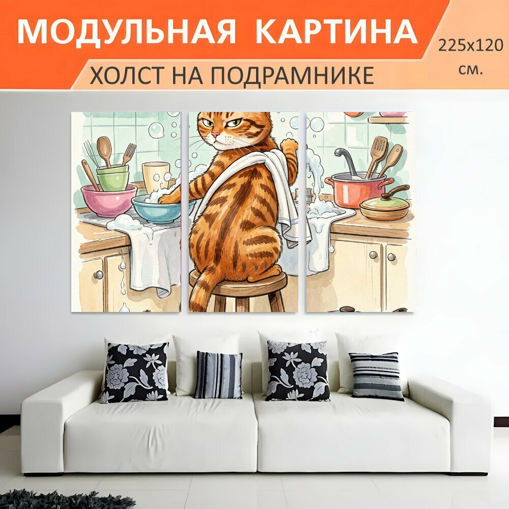 Модульная картина на холсте "Рыжий кот на кухне. Очаровательный полосатый питомец сидит у раковины среди посуды и кастрюль, с пеной и." триптих на подрамнике 225х120 см. для интерьера