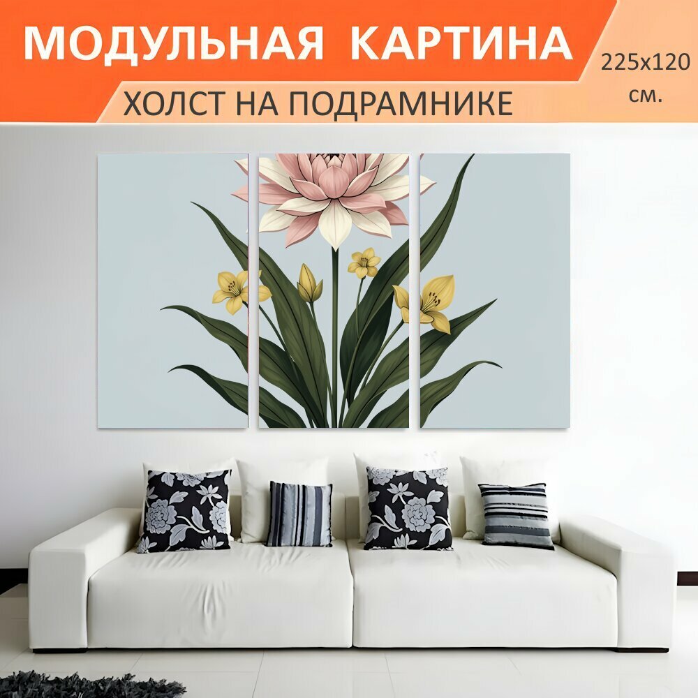 Модульная картина на холсте "Нежные цветы лотоса с листвой. Цветочная композиция в пастельных оттенках: крупный розово-белый бутон." триптих на подрамнике 225х120 см. для интерьера