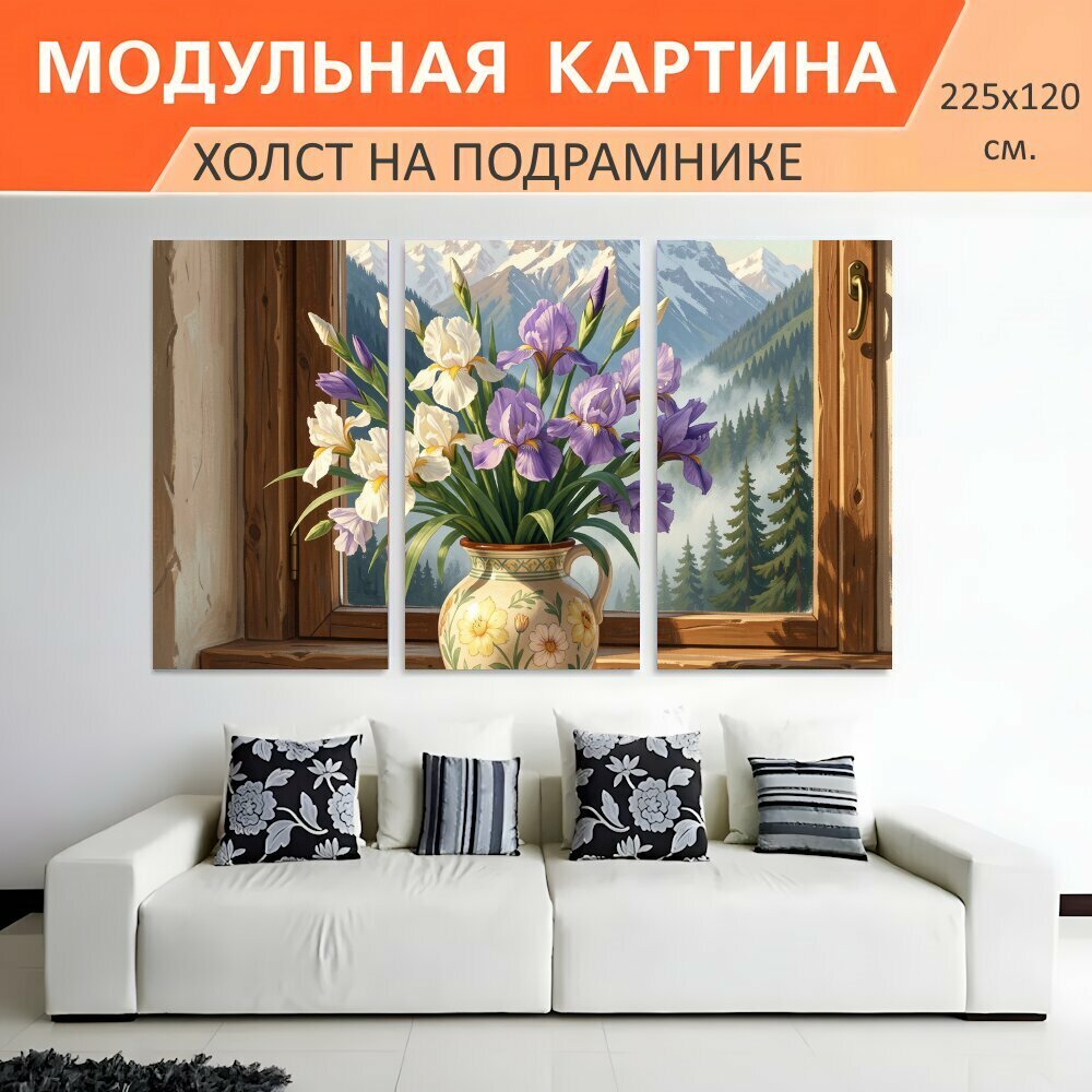 Модульная картина на холсте "Ирисы у горного окна. Нежный натюрморт в живописной манере: букет фиолетовых и белых ирисов в расписном." триптих на подрамнике 225х120 см. для интерьера