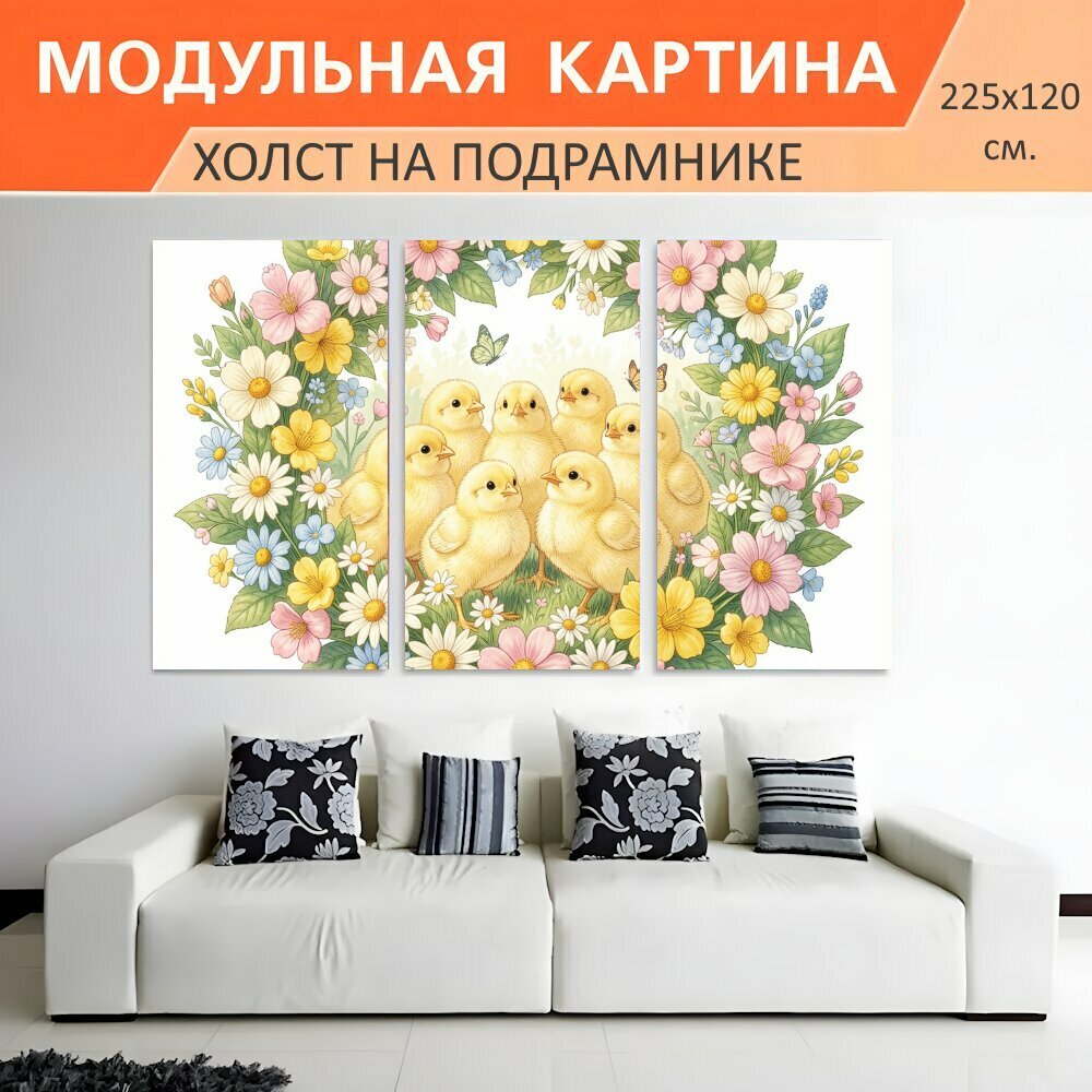 Модульная картина на холсте "Цыплята в цветочном венке. Милые пушистые птенцы в окружении полевых цветов и бабочек, нежная пастельная." триптих на подрамнике 225х120 см. для интерьера