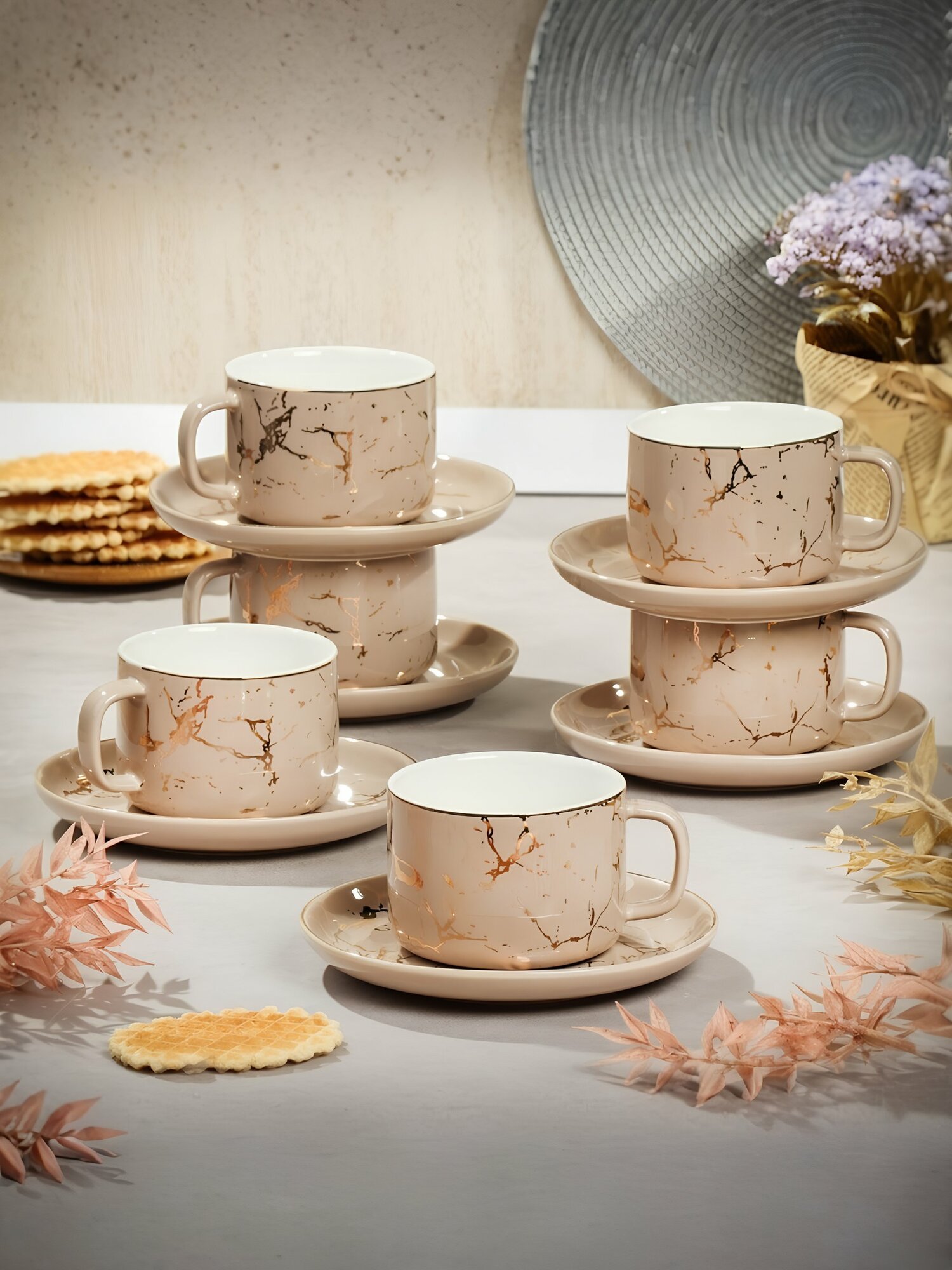 Чайный сервиз на 6 персон 12 предметов набор керамических кружек 200 мл Бежевый мрамор