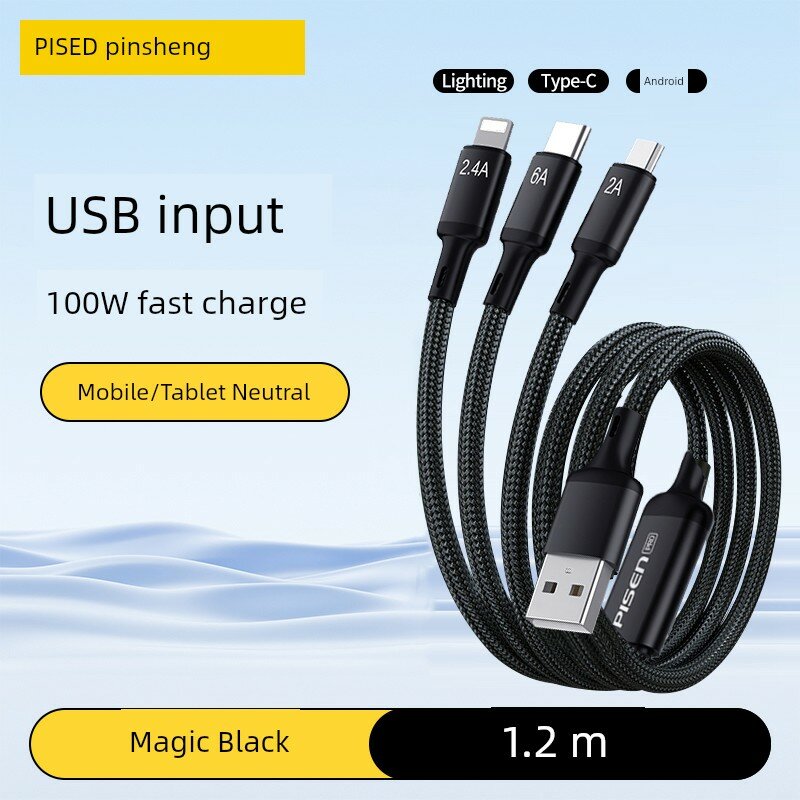 1.2 м USB-вход Тройной порт кабель: Lightning, Micro-USB, Type-C для iPhone, Samsung, Xiaomi — 100 Вт быстрая зарядка