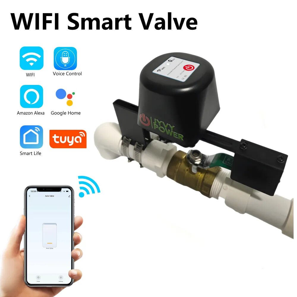 JYVY POWER Умный контроллер воды WiFi/Bluetooth с усиленным кронштейном. Привод шарового крана, управление через Alexa/Google Home. Wi-Fi 2.4 ГГц без хаба