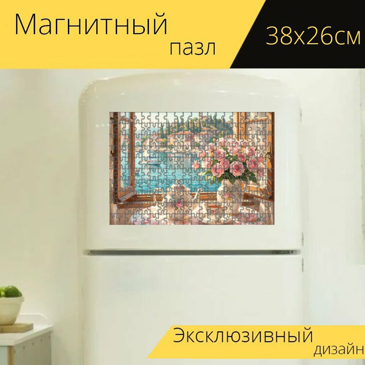 Магнитный пазл "Розы у окна с морем. Уютный летний интерьер с видом на лазурную бухту, яхтами и итальянским поселком на холме. Пастельная палитра, цветы." для интерьера, 38х26 см.