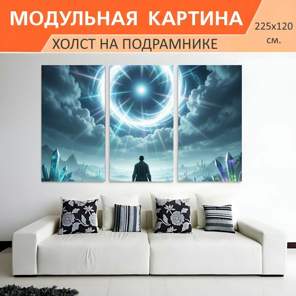 Модульная картина на холсте "Магический портал в ночном небе. Фэнтезийная сцена: сияющее небесное кольцо над мистическим ландшафтом." триптих на подрамнике 225х120 см. для интерьера