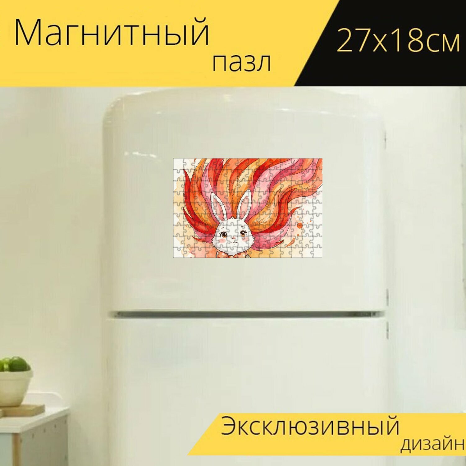 Магнитный пазл "Зайчонок с огненными волосами. Милый белый кролик в мультяшной акварельной манере с огромной пышной гривой в розово-оранжевых и красных." на холодильник 27 x 18 см.