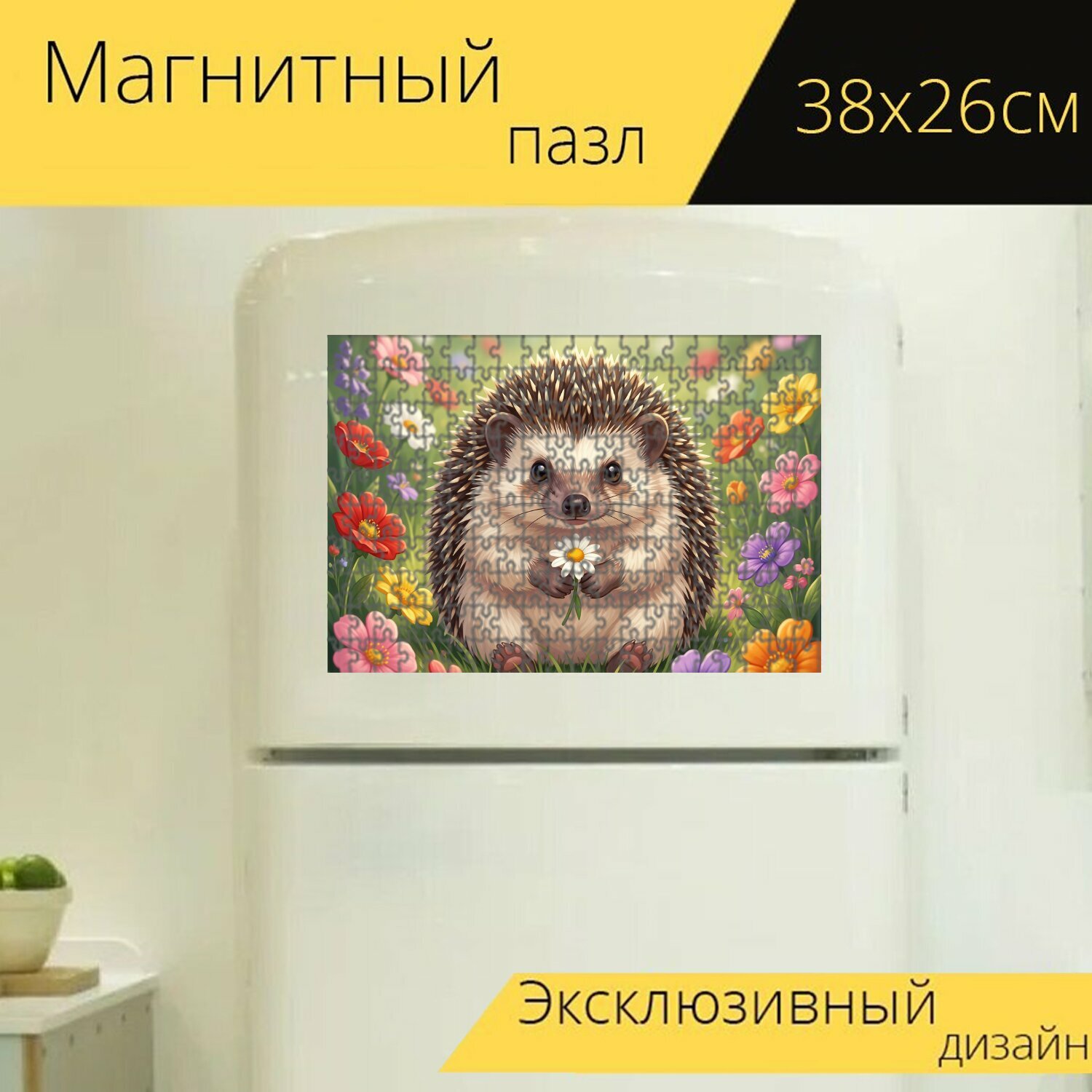 Магнитный пазл "Ежик в цветочном лугу. Милый лесной зверёк с иголками сидит среди ярких полевых цветов и держит ромашку. Нежная сказочная иллюстрация в." для интерьера, 38х26 см.