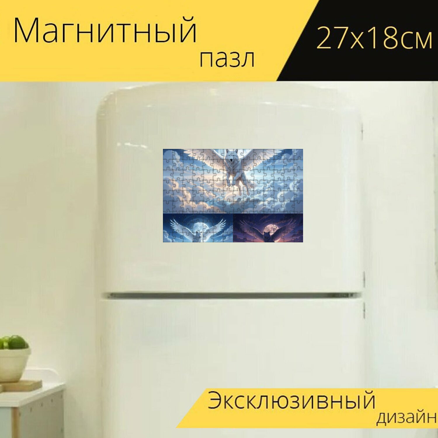 Магнитный пазл "Крылатый белый волк в облаках. Фэнтезийный небесный сюжет: белоснежный волк с огромными крыльями парит над облаками на фоне полной луны." на холодильник 27 x 18 см.