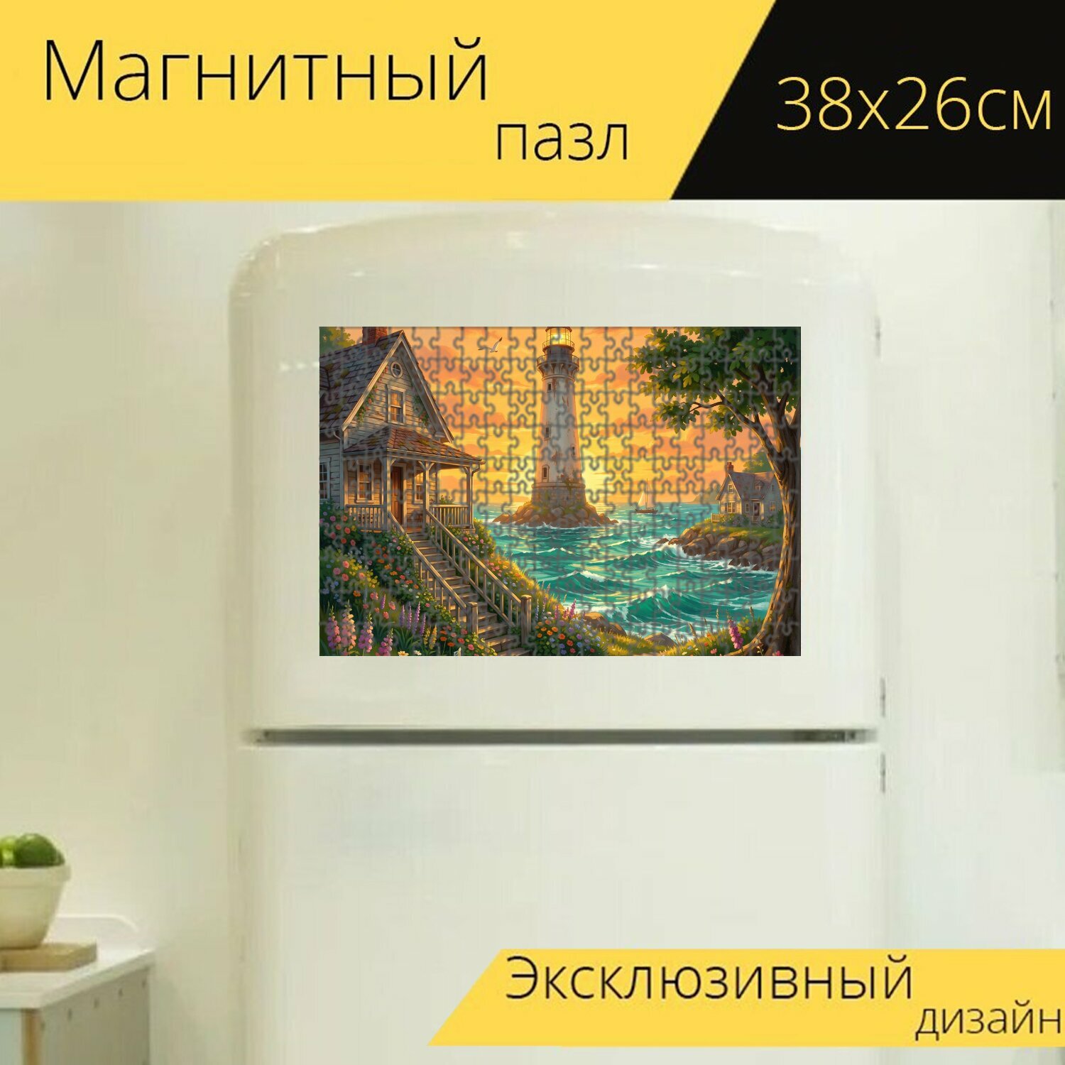 Магнитный пазл "Маяк у моря на закате. Живописное побережье с высокой башней света, деревянными домами и лодкой на волнах. Тёплое небо, цветущие луга." для интерьера, 38х26 см.