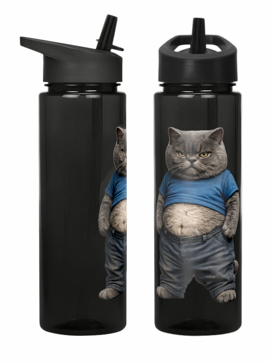 Бутылка черная для воды с принтом Кот Босс в джинсах