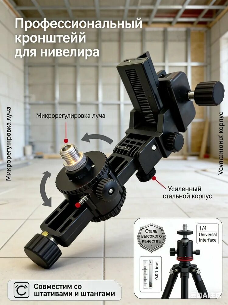 GEALFIS Кронштейн для лазерного нивелира с точной настройкой, стальной, крепление 1/4 , универсальный держатель на штатив или штангу, для выравнивания