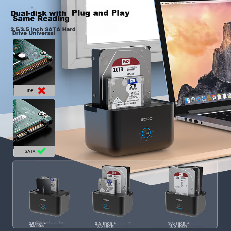 GODO Механический SSD-кейс 2.5/3.5 дюйма USB3.0 внешний SATA двойной отсек для ноутбуков и ПК Цвет：3.0 Черная модель