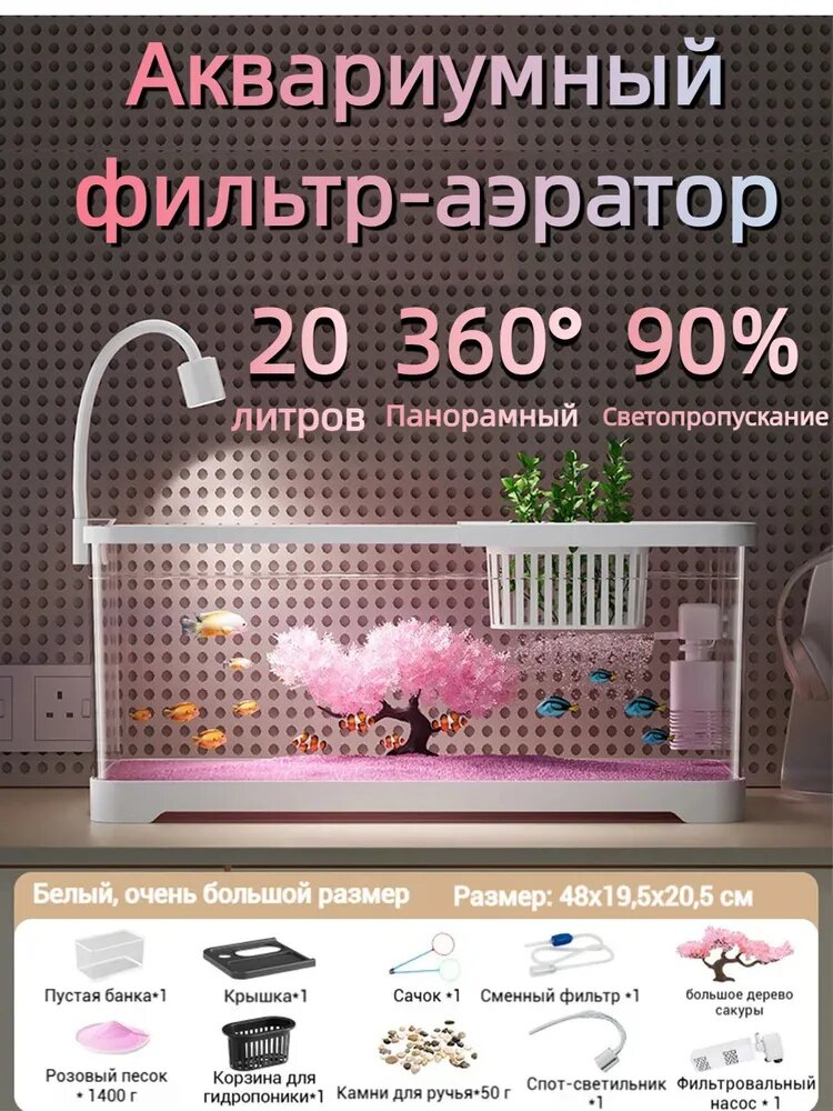 Мини аквариум 20 литров для рыбок с фильтром и подсветкой - Полный набор с крышкой и декором